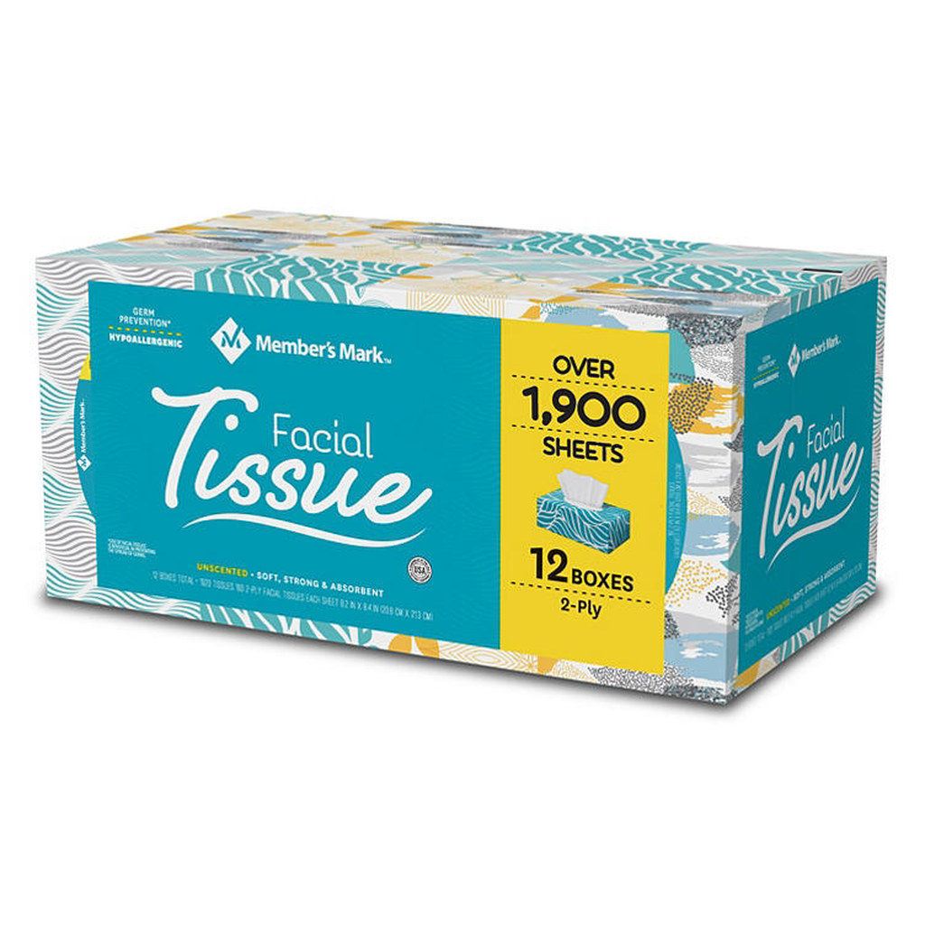 Member’s Mark 2-Ply Facial Tissues, Flat Boxes (160 tissues/box, 12 bo